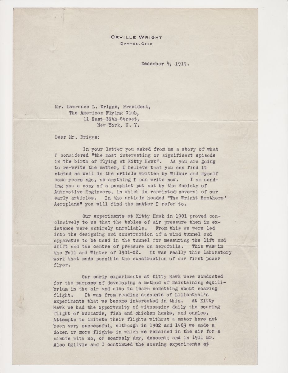 Wright Brothers Letter Account of First Flight | Shapell Manuscript ...