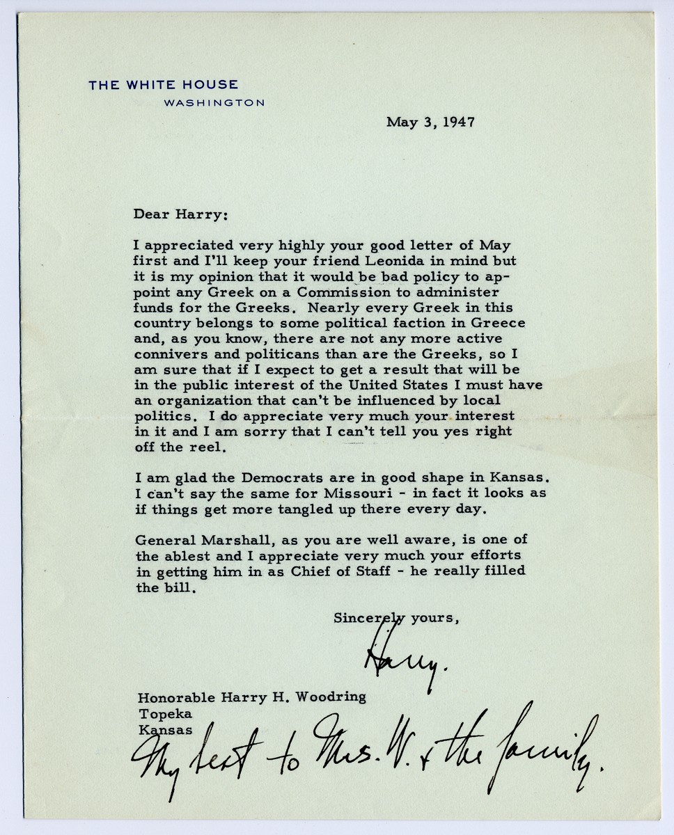 Harry Truman Letter on JFK Winning Presidential Election 1960 | Shapell ...