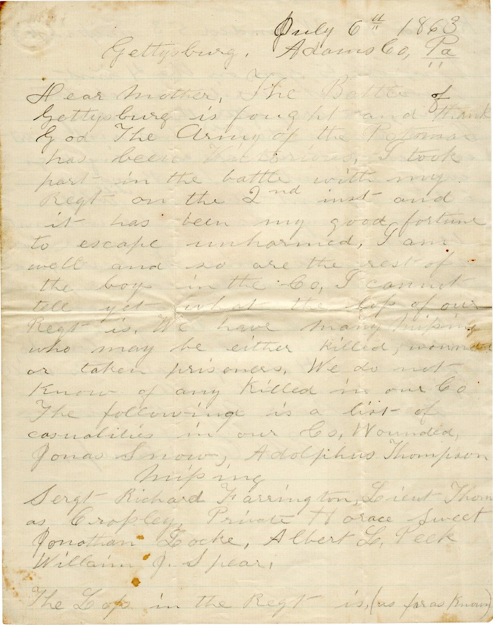 Letters From Gettysburg: A Union Soldier's Letter | Shapell Manuscript ...