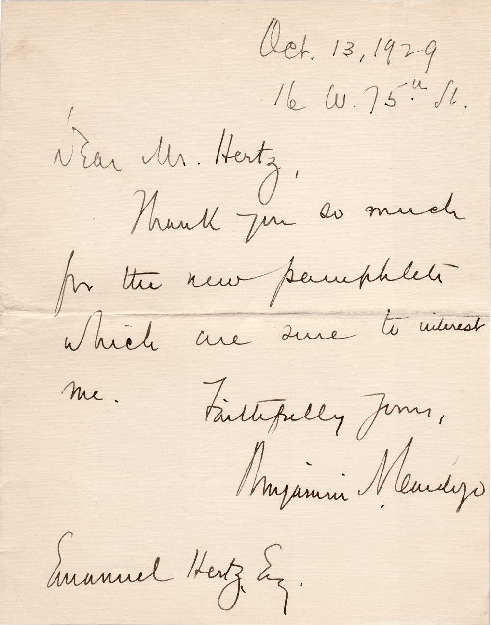 Chief Justice Benjamin Cardozo Correspondence with Emanuel Hertz