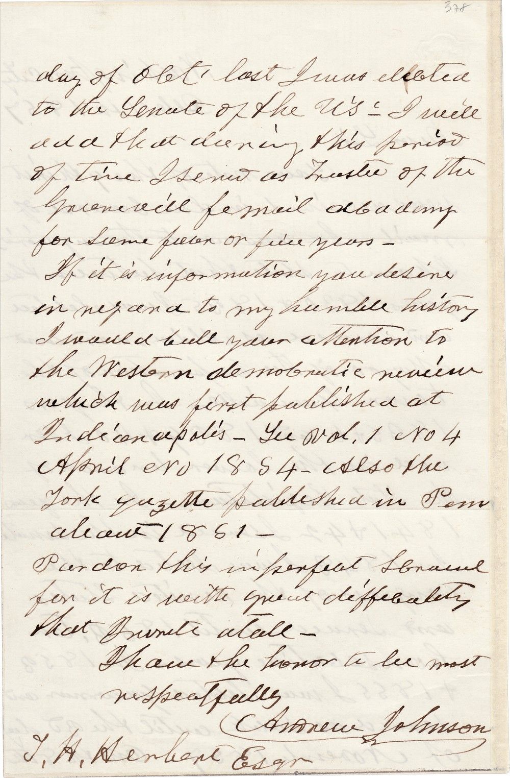 President Andrew Johnson Writes His “Humble History” in Two Pages