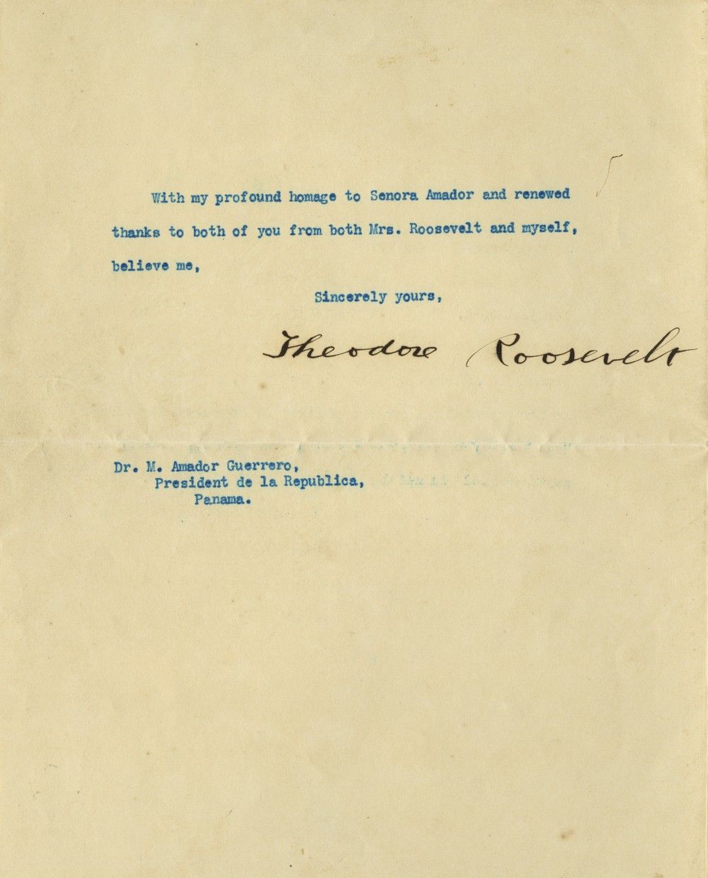 Roosevelt Letter from Panama Canal to President Amador | Shapell ...