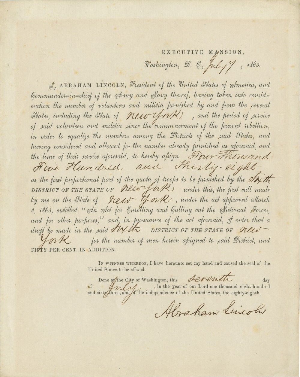Abraham Lincoln Civil War Draft that Sparked 1863 New York City Riots ...