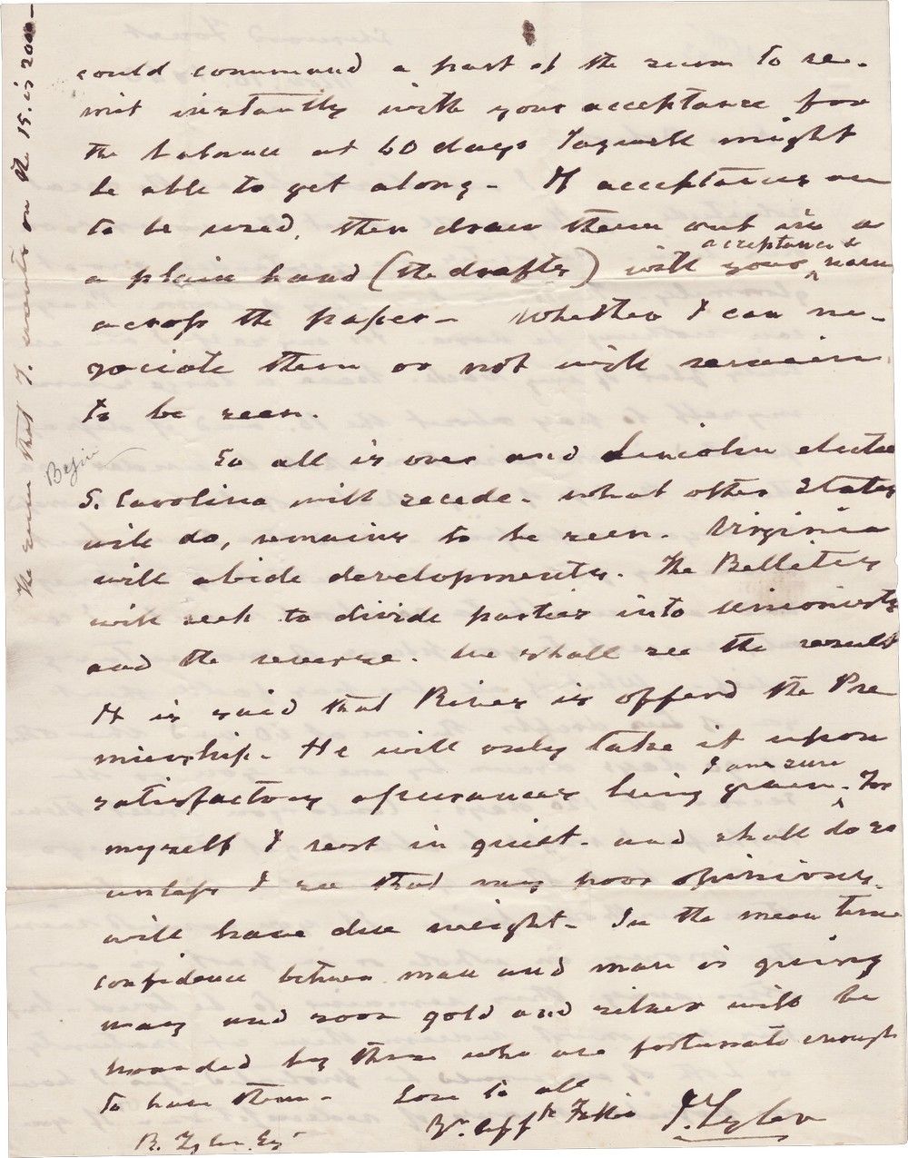 John Tyler on Abraham Lincoln's 1860 Election