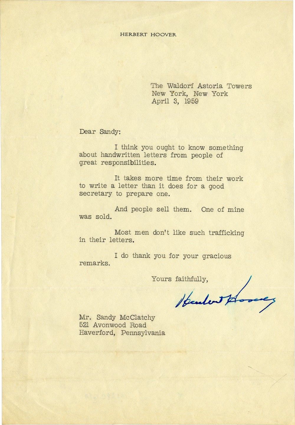 Herbert Hoover on Presidential Autographs