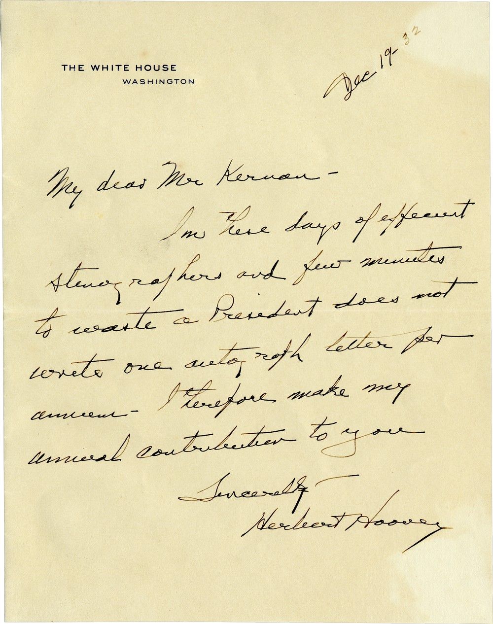 President Hoover Signs his One Letter a Year