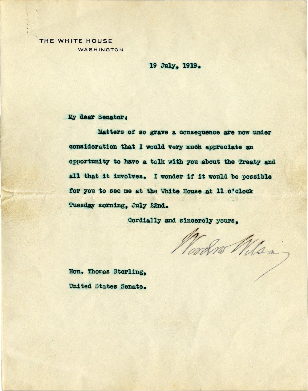 Woodrow Wilson Letter: WWI & Life After His Stroke | Shapell Manuscript ...