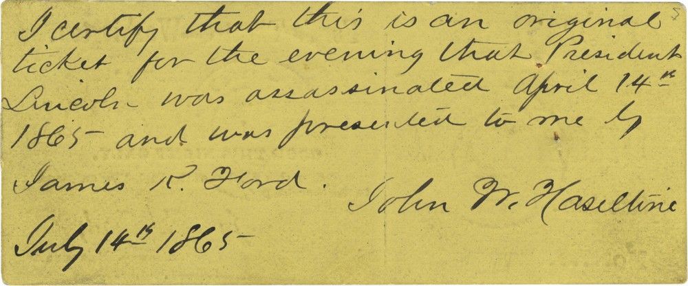 Ticket for Ford's Theatre, April 14, 1865 | Shapell Manuscript Foundation