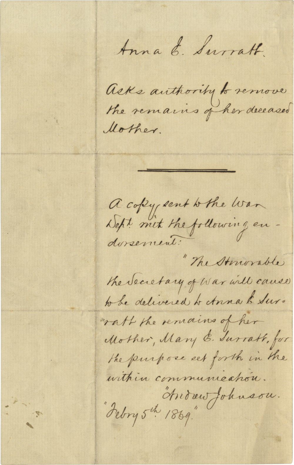 Mary Surratt's Daughter Petitions Andrew Johnson | Shapell Manuscript ...