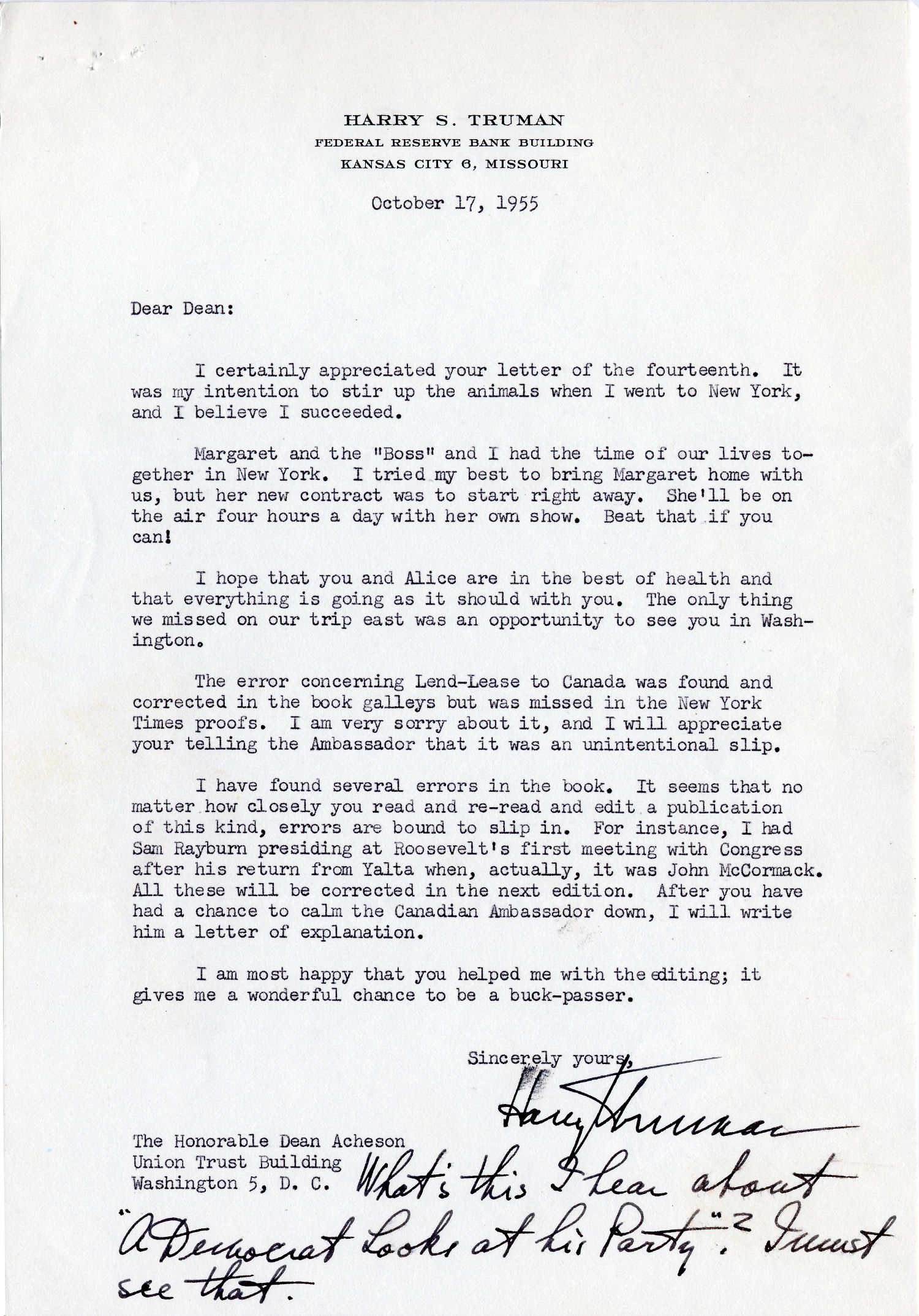 Truman Visits Margaret in New York City | Original Letter | Shapell ...