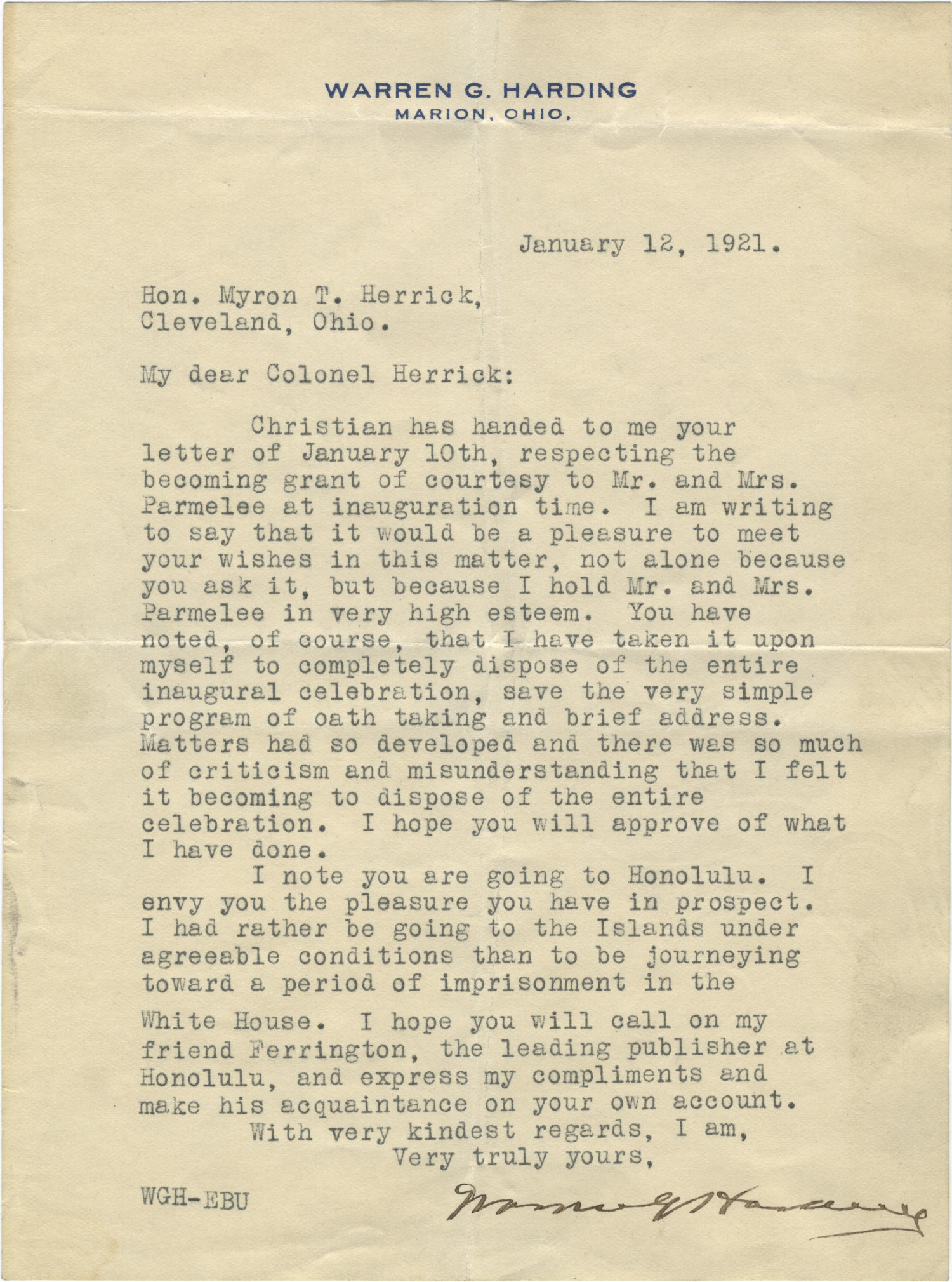 President-Elect Harding Refers to His Upcoming Term as "Imprisonment in ...