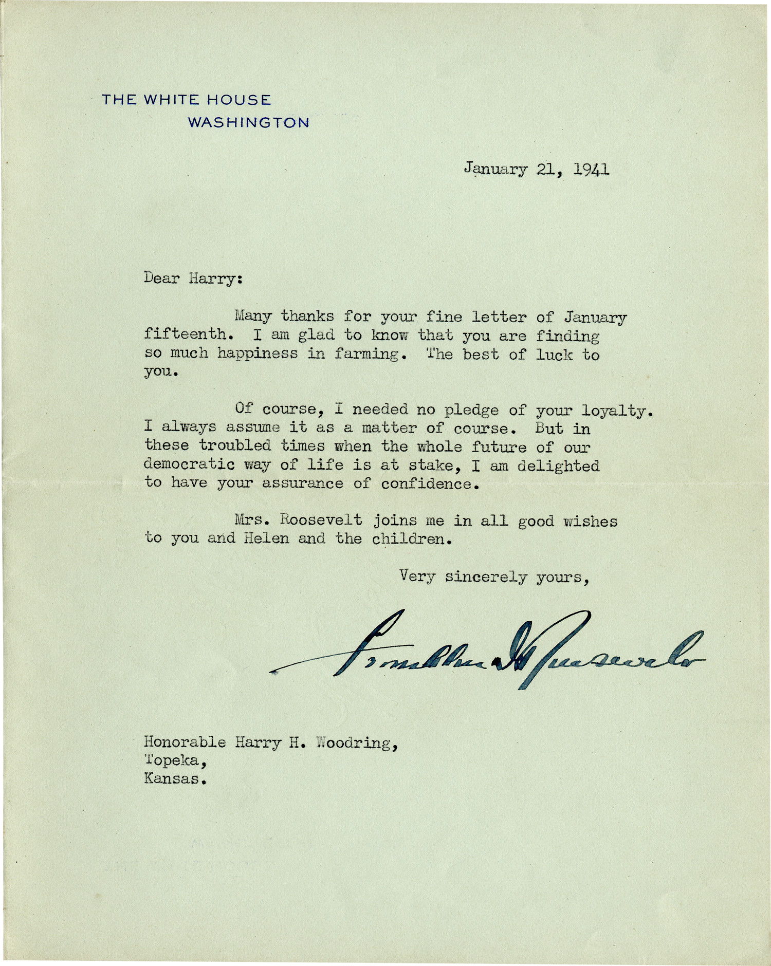 Third Term President Roosevelt Writes to Harry Woodring: "Our ...